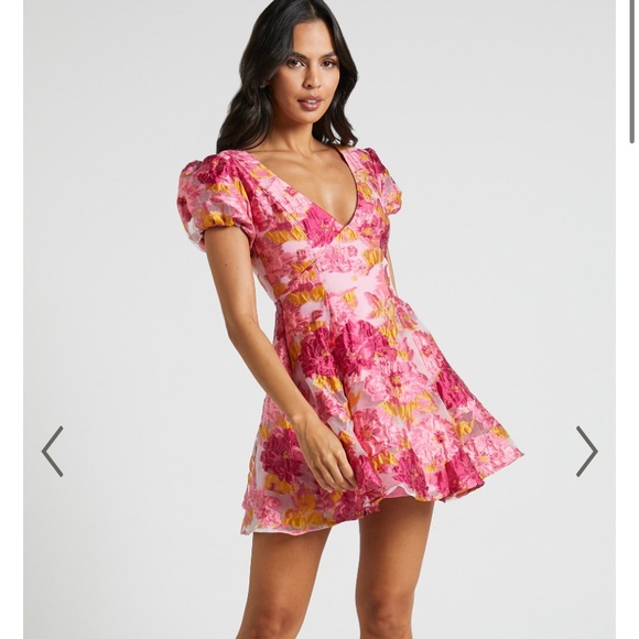 Showpo. | Dresses | Showpo Brailey Jacquard Mini Dress Puff Sleeve ...